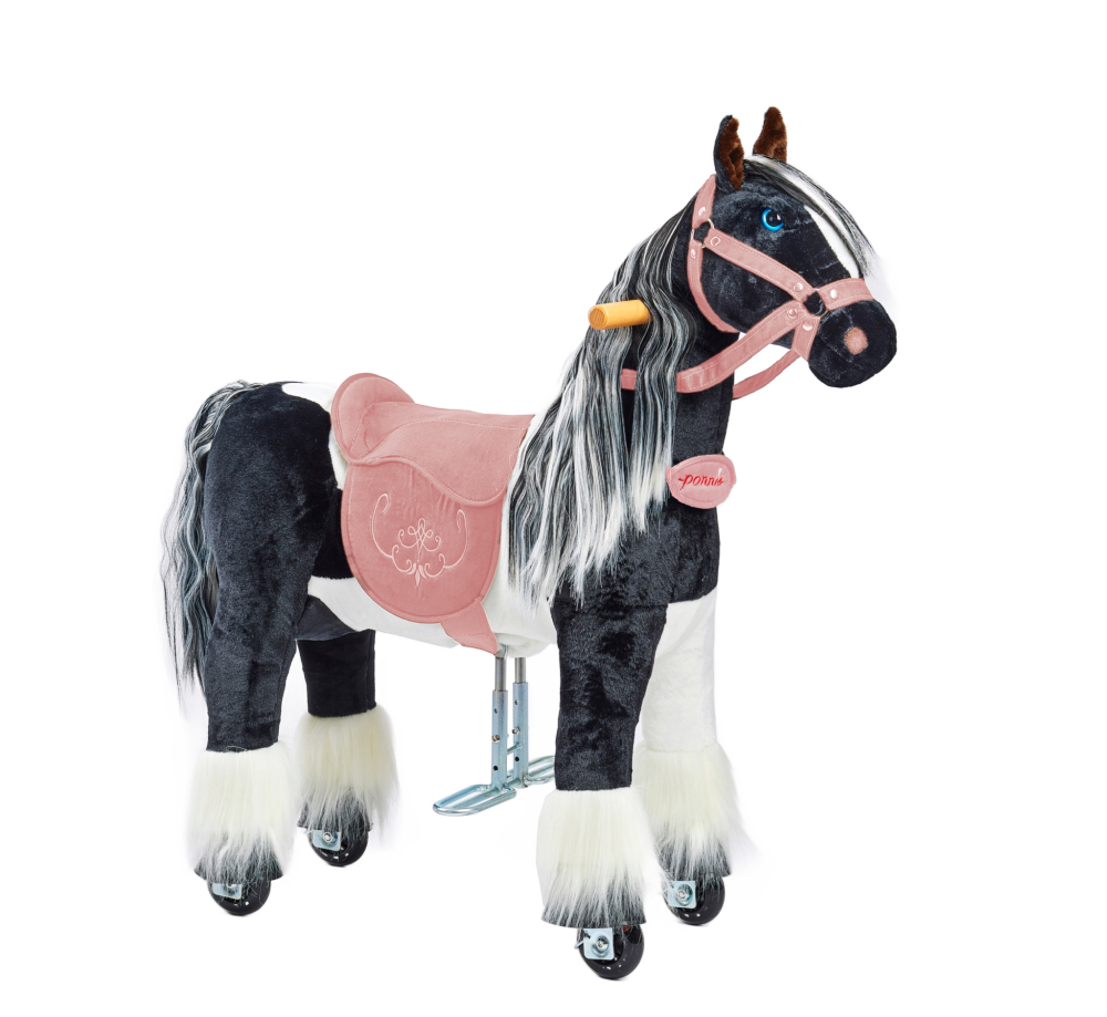 Černobílý kůň na kolečkách s růžovým sedlem Ponnie Ebony S | Ponnie